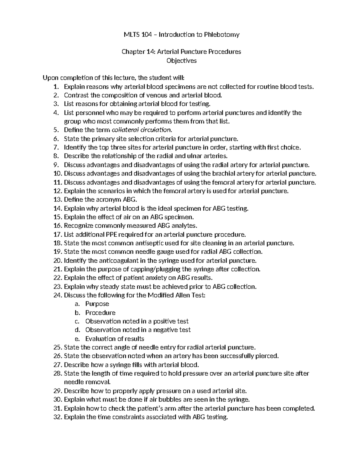MLTS 104 Final Exam: Overview of Arterial Puncture Procedures - Studocu