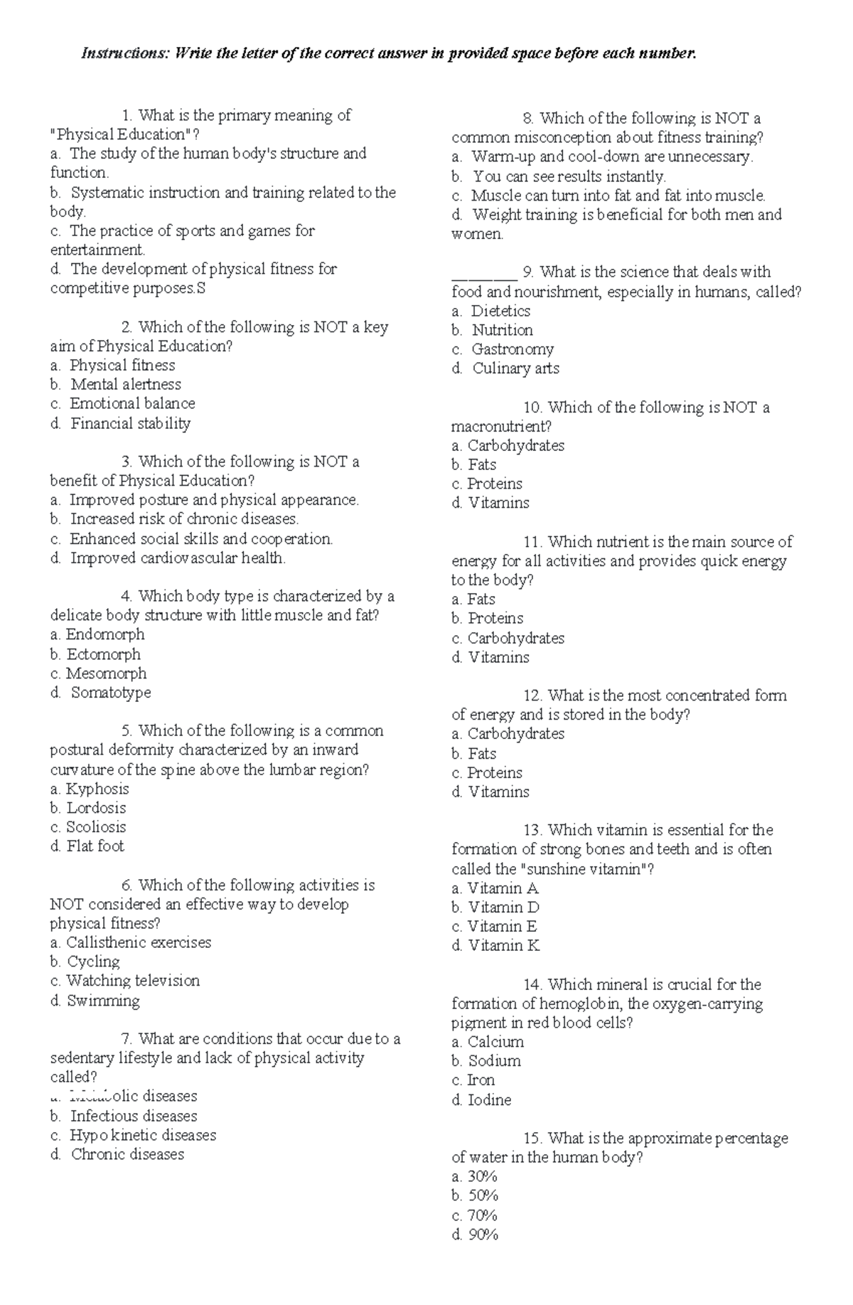 PE 1 - PathFit 1: Physical Education Quiz Instructions and Questions ...