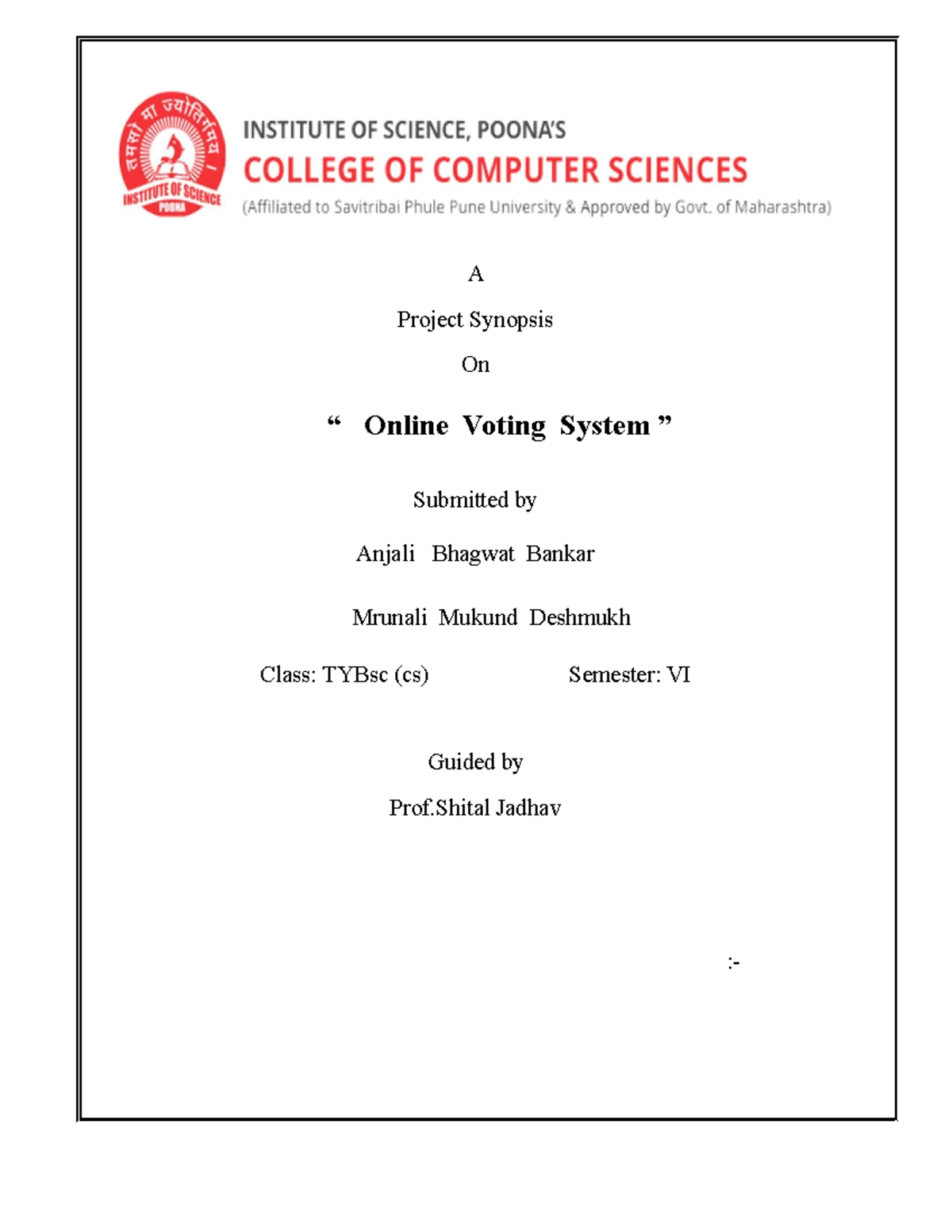 Online Voting System Project Synopsis - TYBSc (CS) Sem VI - Studocu