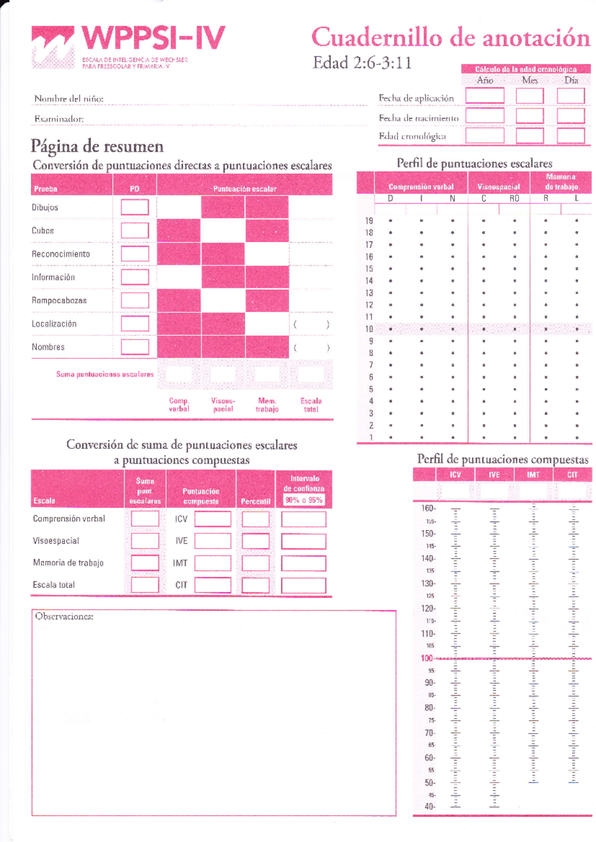 WPPSI-IV Cuadernillo de Anotación 1 para Edades 2:6 a 3:11 - Studocu