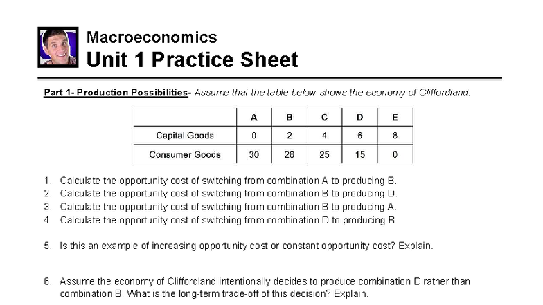 Macroeconomics Unit 1 Practice Sheet: Opportunity Cost Analysis - Studocu