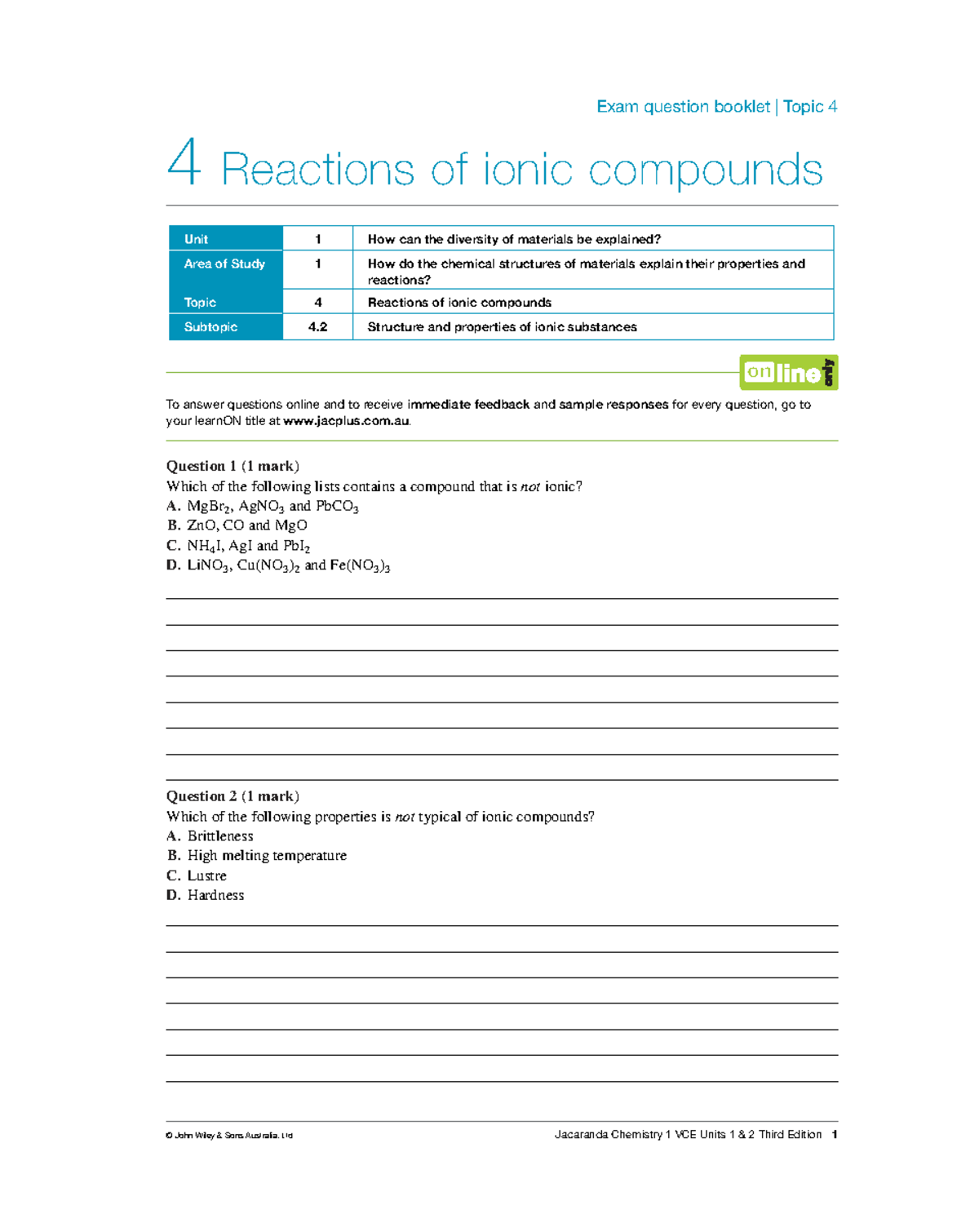 Ionic Compounds Exam Question Booklet - VCE Units 1 & 2 - Studocu