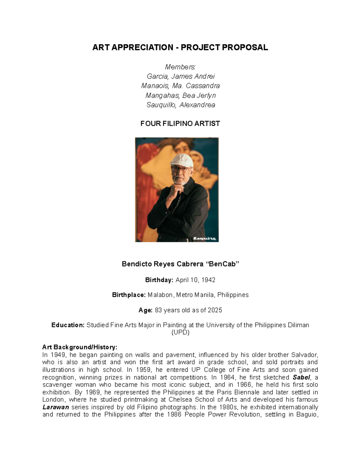 ART Appreciation Project Proposal: Exploring Four Filipino Artists ...