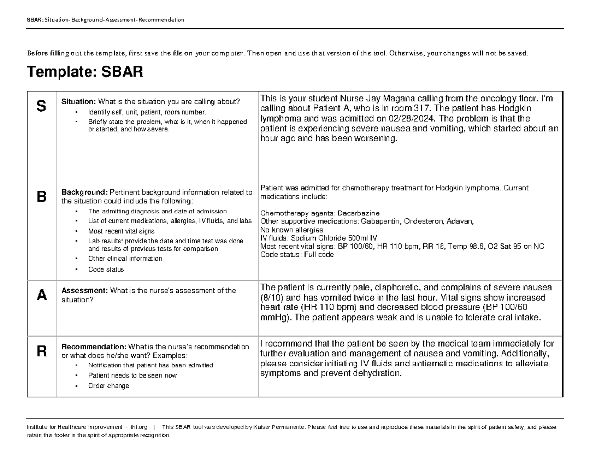 SBAR Tool Guide: Situation-Background-Assessment-Recommendation - Studocu