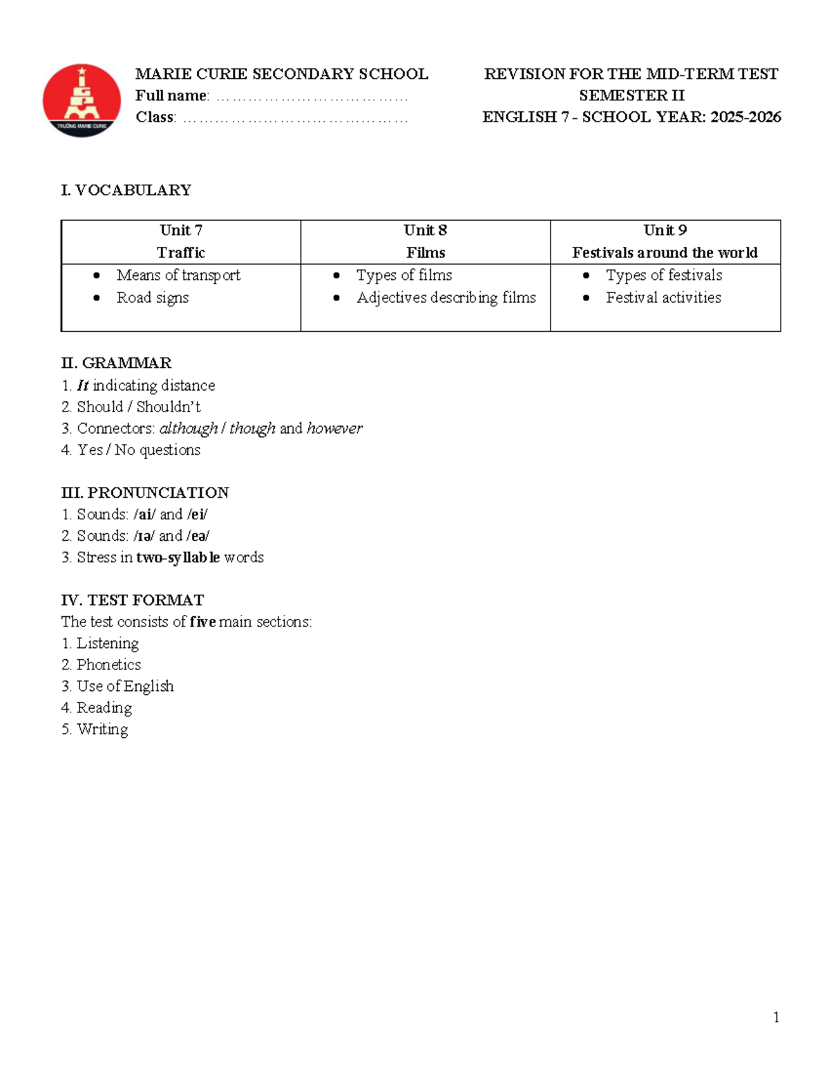 G7 - Revision Notes for Semester II English 7 Test - Studocu