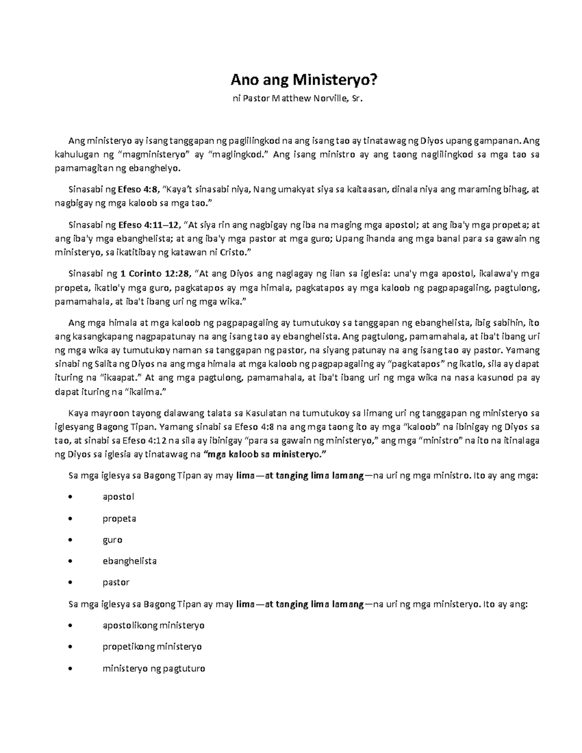 Ano ang Ministeryo? - Lecture Notes sa Bible Seminary - Studocu