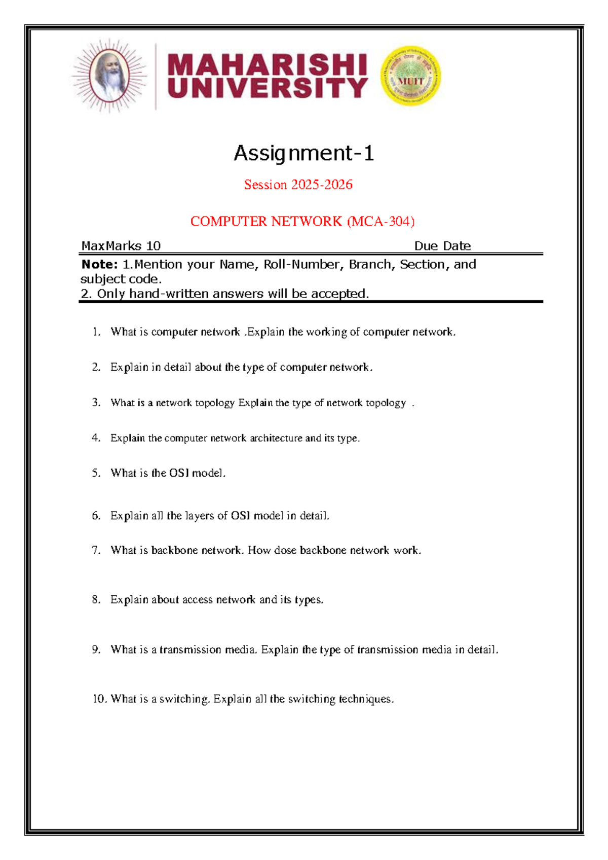 Assignment 1: Computer Network Overview - MCA III SEM - Studocu