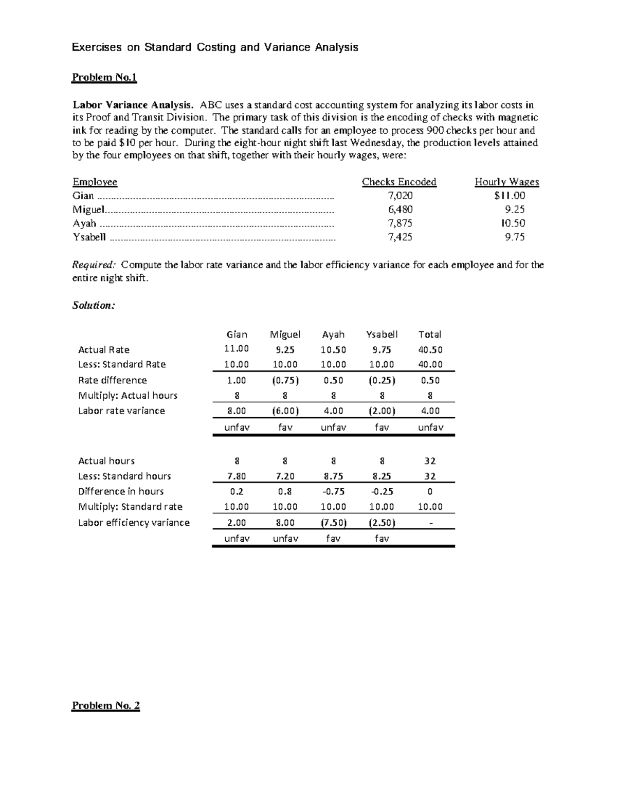 Exercises on Standard Costing and Variance Analysis - Labor Variance ...