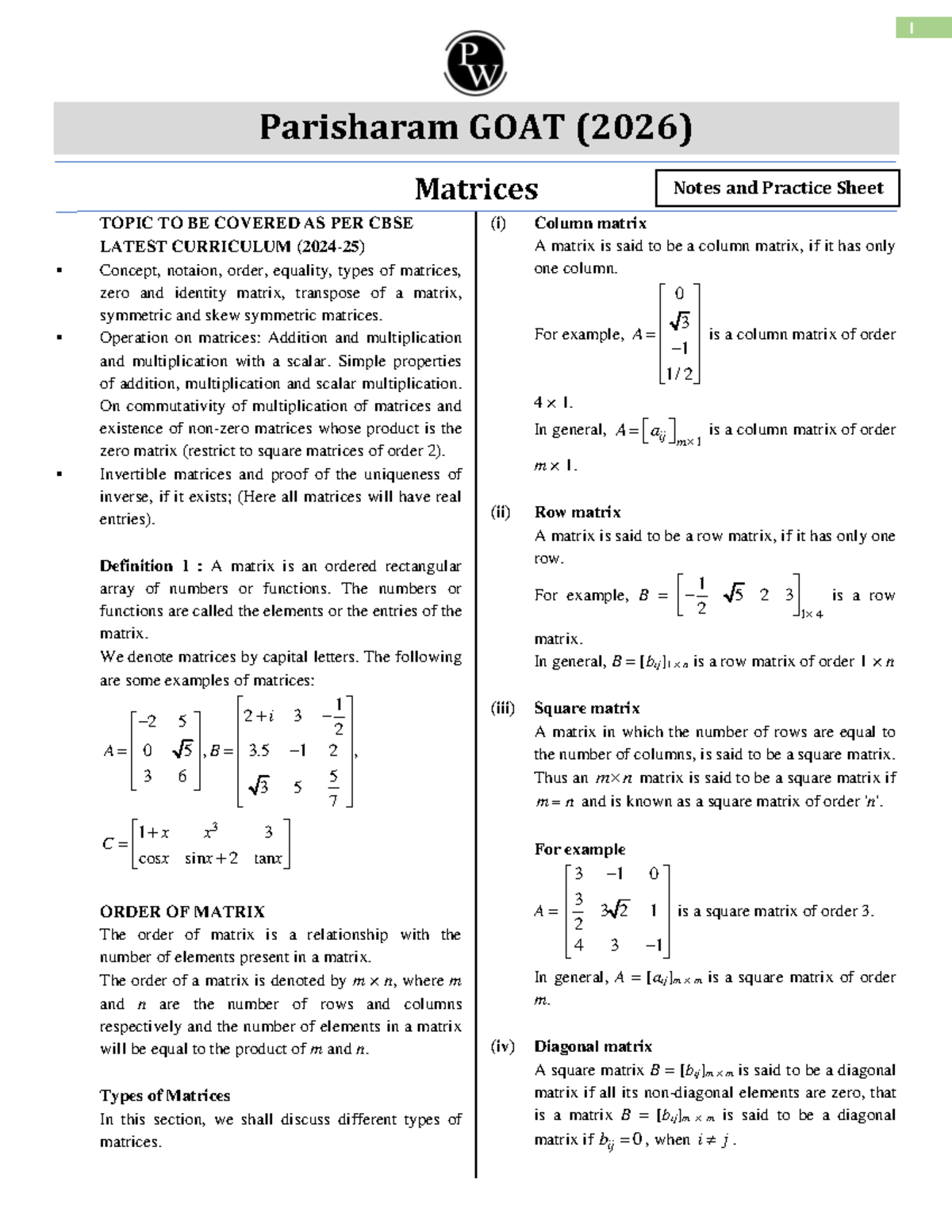 Practice Sheet on Matrices for Class 12 (2026) - Parisharam GOAT - Studocu