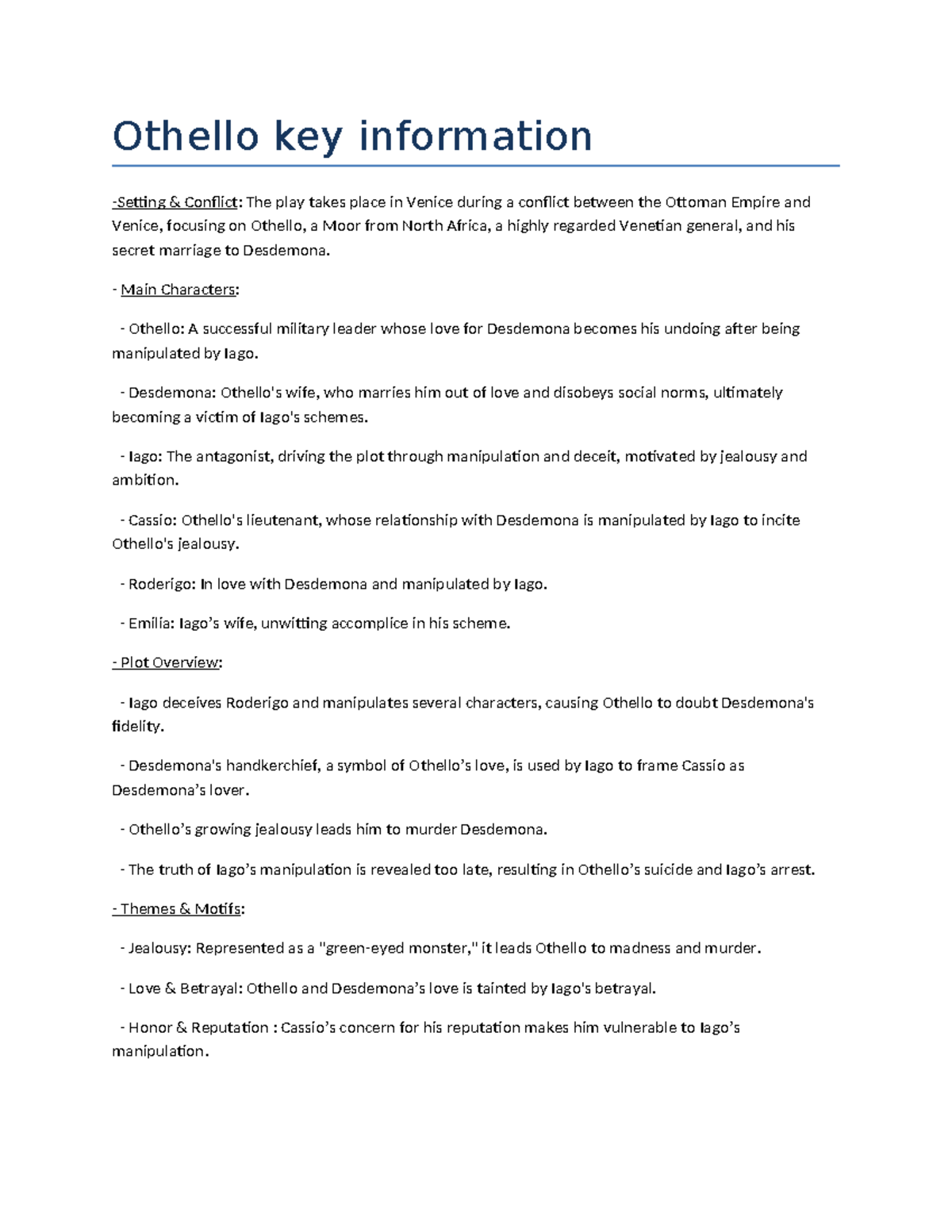 Othello (ENG 101) Key Insights: Conflict, Characters, and Themes - Studocu