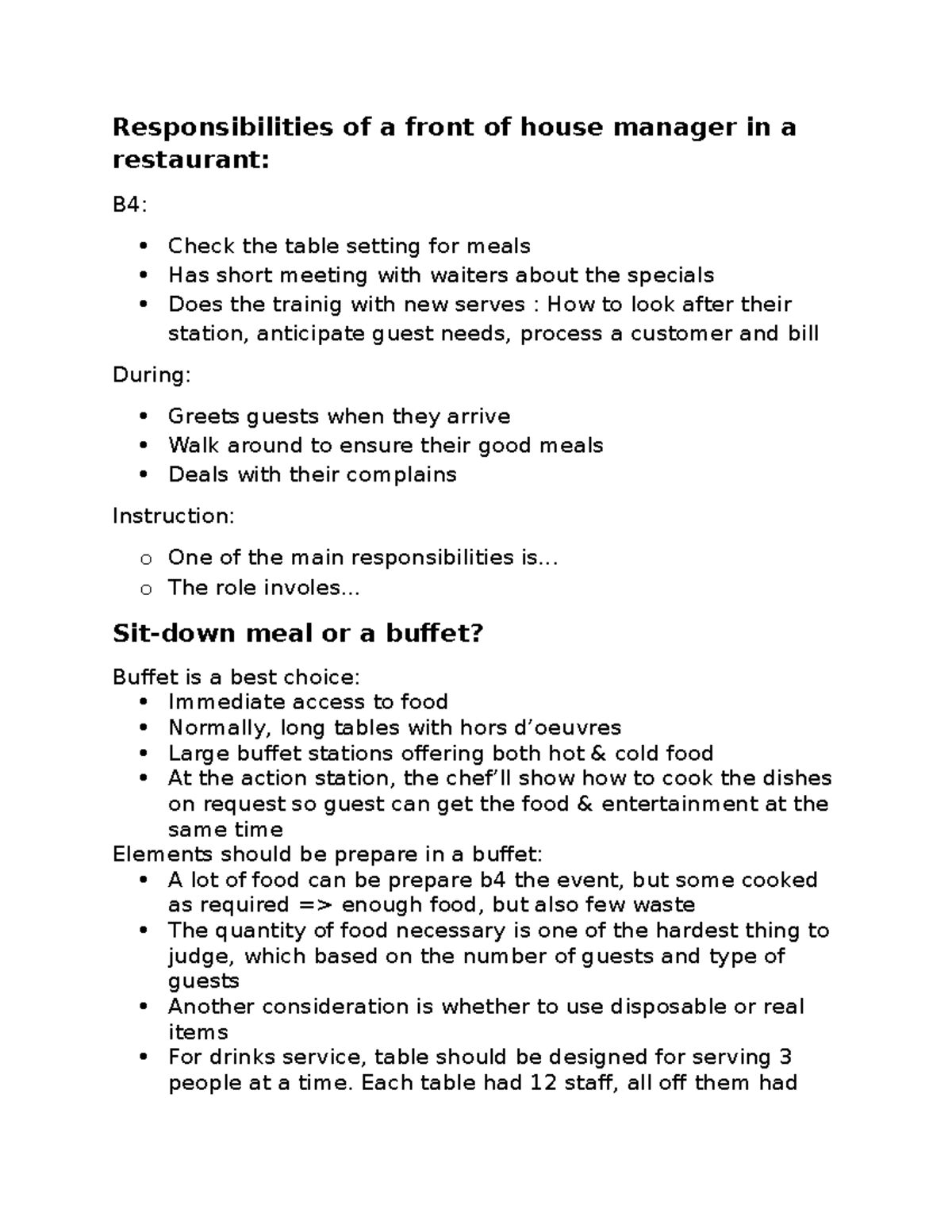 Responsibilities of a Front of House Manager: B4 Overview - Studocu