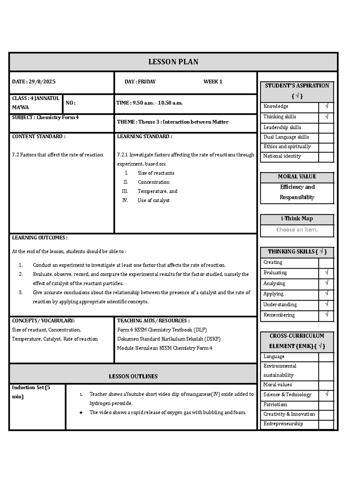 Chemistry Form 4 Lesson Plan: Week 1 - Factors Affecting Reaction Rate ...