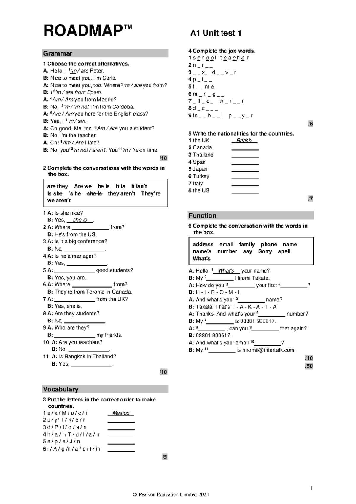 Unit Test 1 - Ejercicios del Libro de Pearson (A1 Level) - Studocu