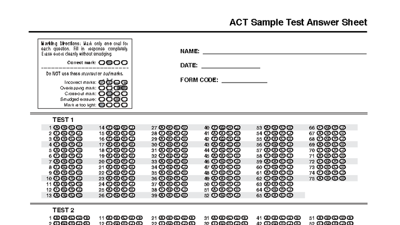 ACT Sample Test Answer Sheet - Form BE Instructions and Marking Guide ...