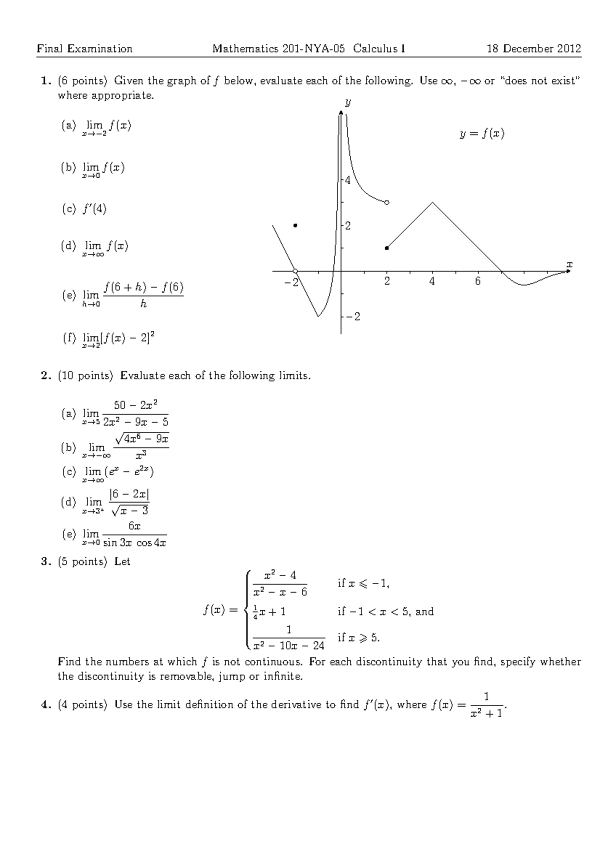 Final Exam Review: Mathematics Calculus I 201-NYA-05-2012-3 - Studocu