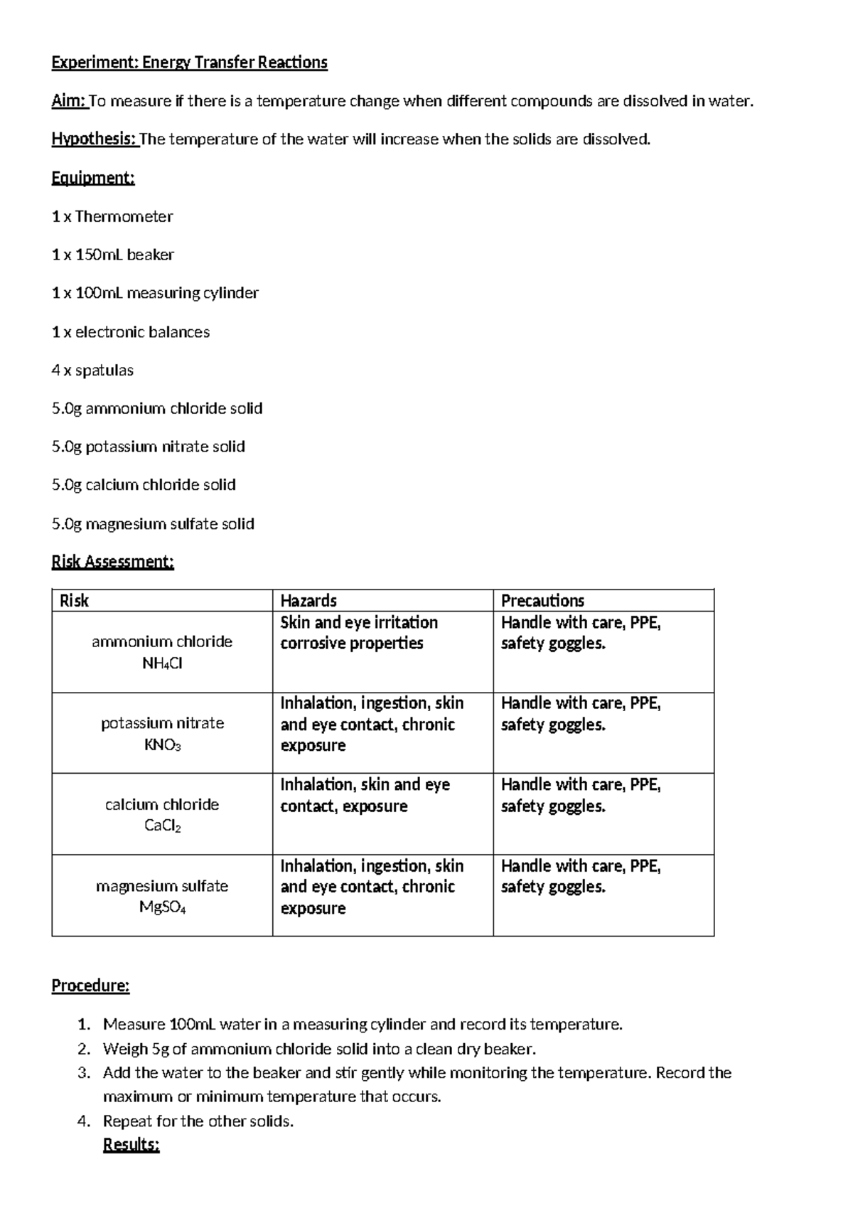 Practical - Energy Transfer Reactions (Chem 101) - Studocu