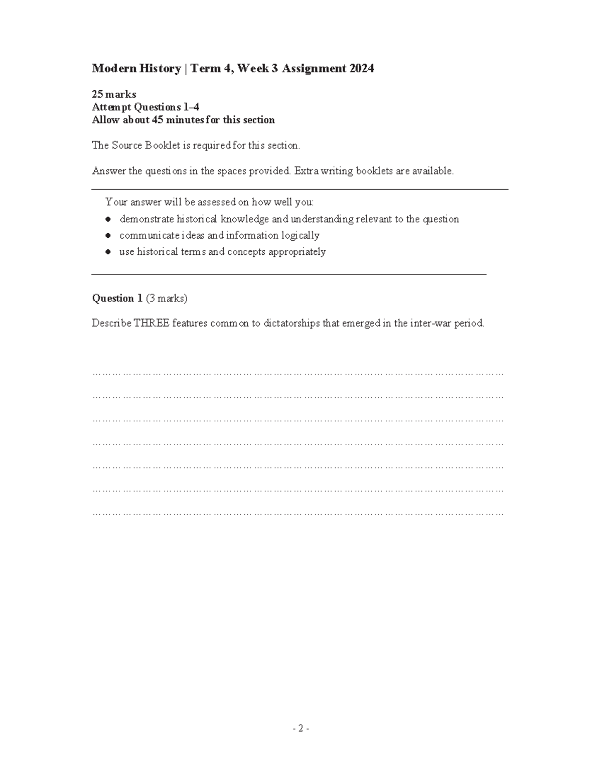 12MH W3 T4 Modern History Assignment: Dictatorships & Weimar Republic ...