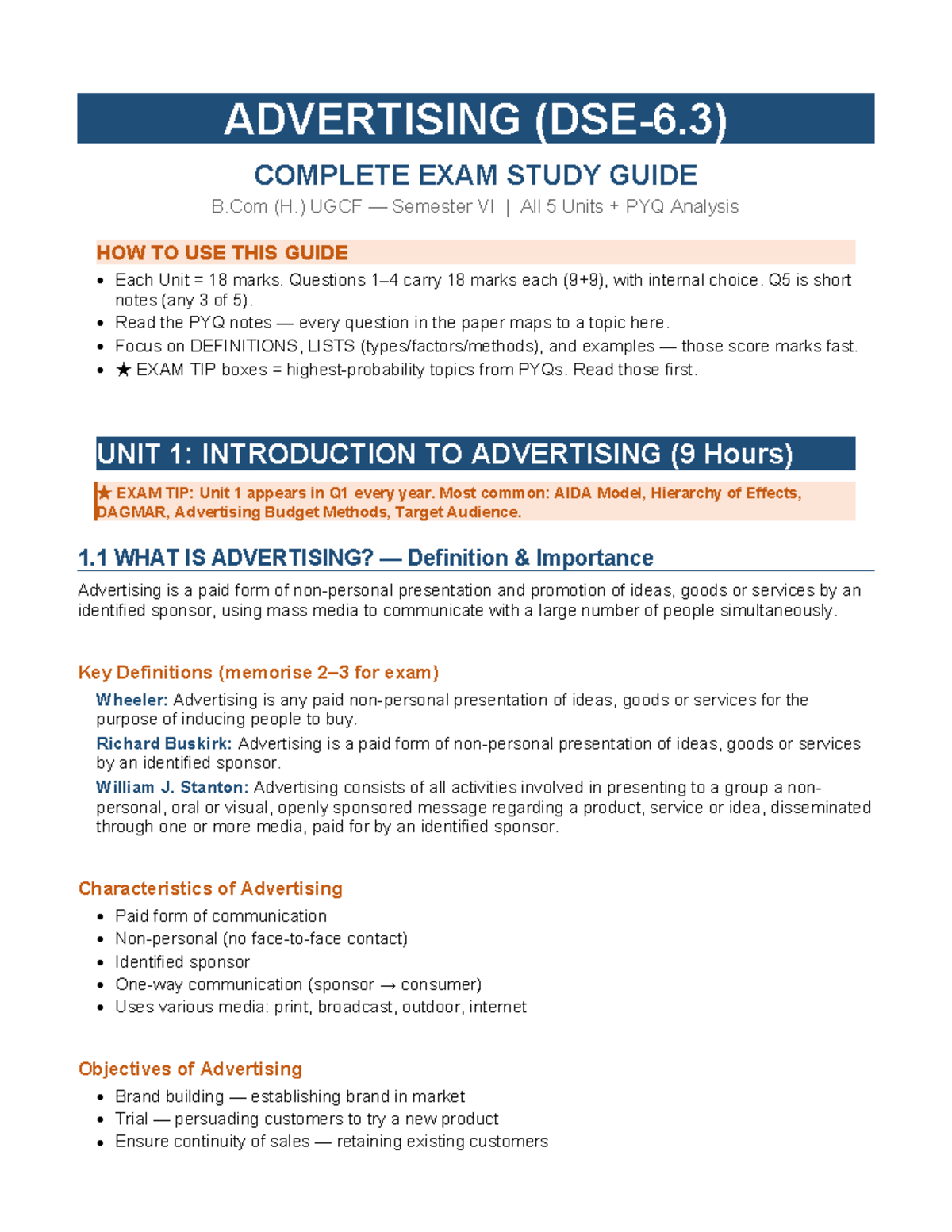 Advertising Study Guide: Complete Exam Prep for B.Com (H.) UGCF Sem VI ...