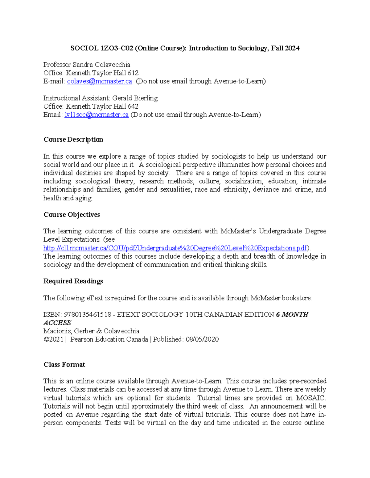 SOCIOL 1ZO3-C02 Online Course Syllabus - Introduction to Sociology Fall ...