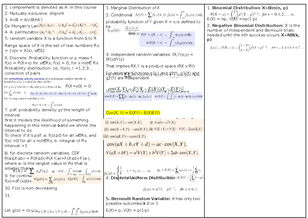 Midterm Cheatsheet for Probability and Random Variables (Course Code) - Studocu