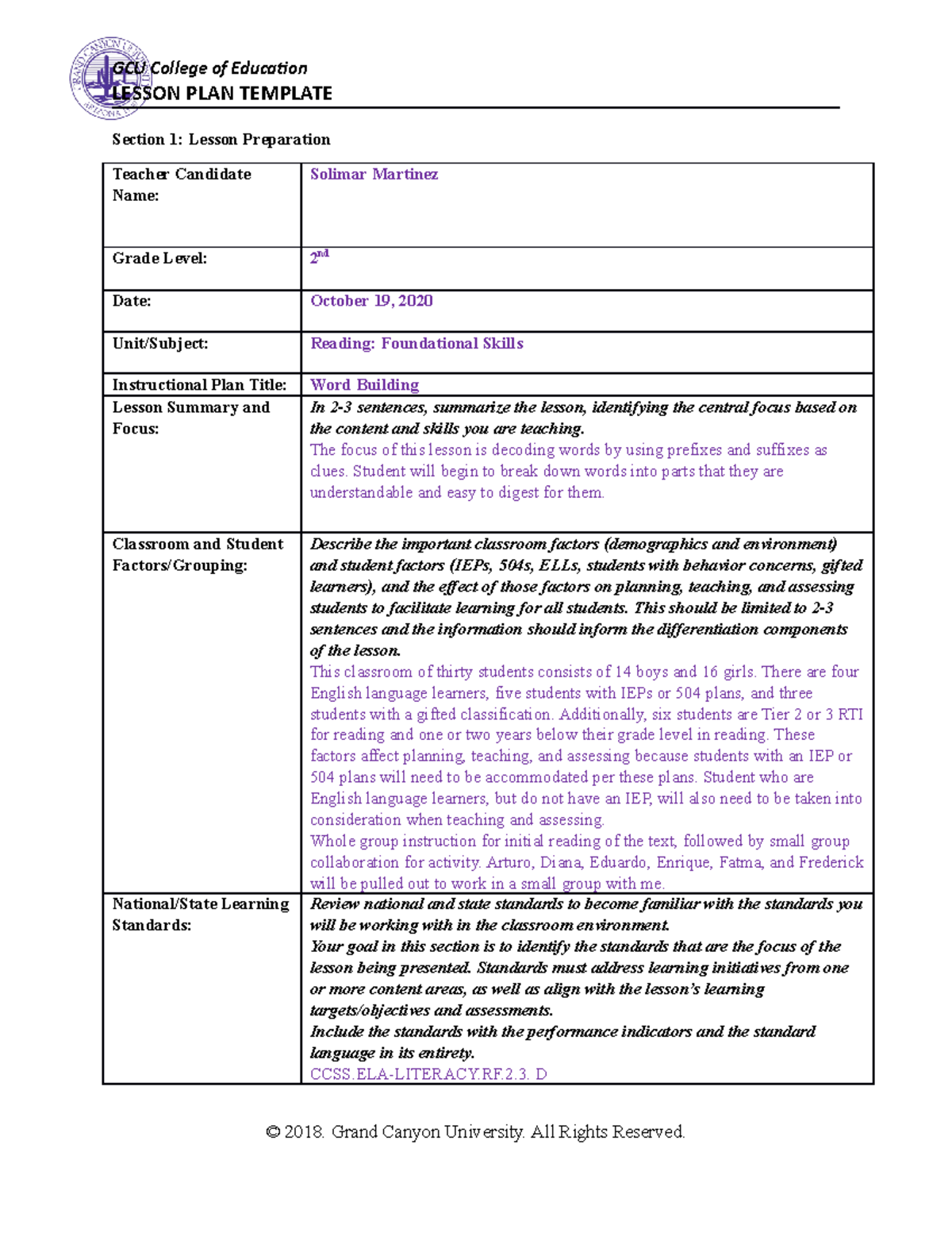 ELM-210-Benchmark Creating a Standards-Based Lesson Plan on Word ...