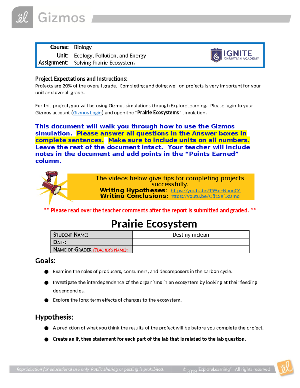 Biology S1010 Project: Prairie Ecosystems Analysis 2023-2024 - Studocu