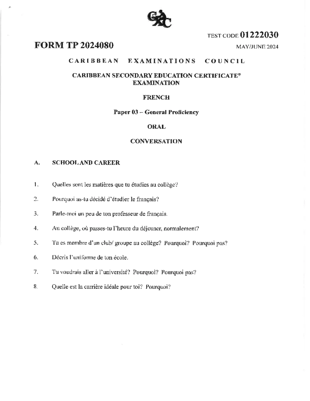 CSEC French Past Paper 2016 - General Proficiency Exam Paper 02 - Studocu