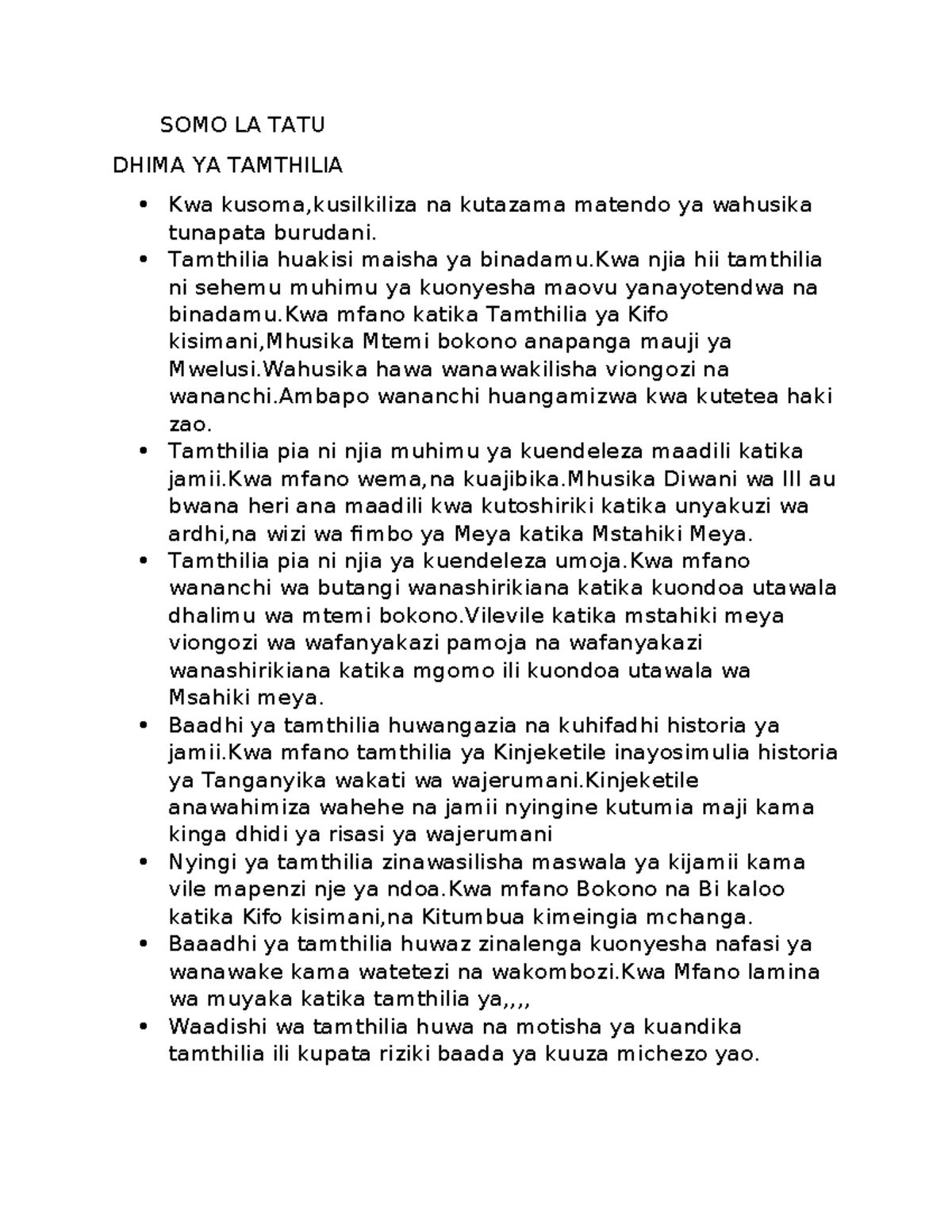 Dhima ya tamthilia: Maudhui na umuhimu katika jamii - Studocu