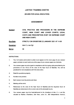 Civil Procedure Assignment 1 PDF - ASSIGNMENT COVER Course/Module Name Civil Procedure (PCI3771 ...