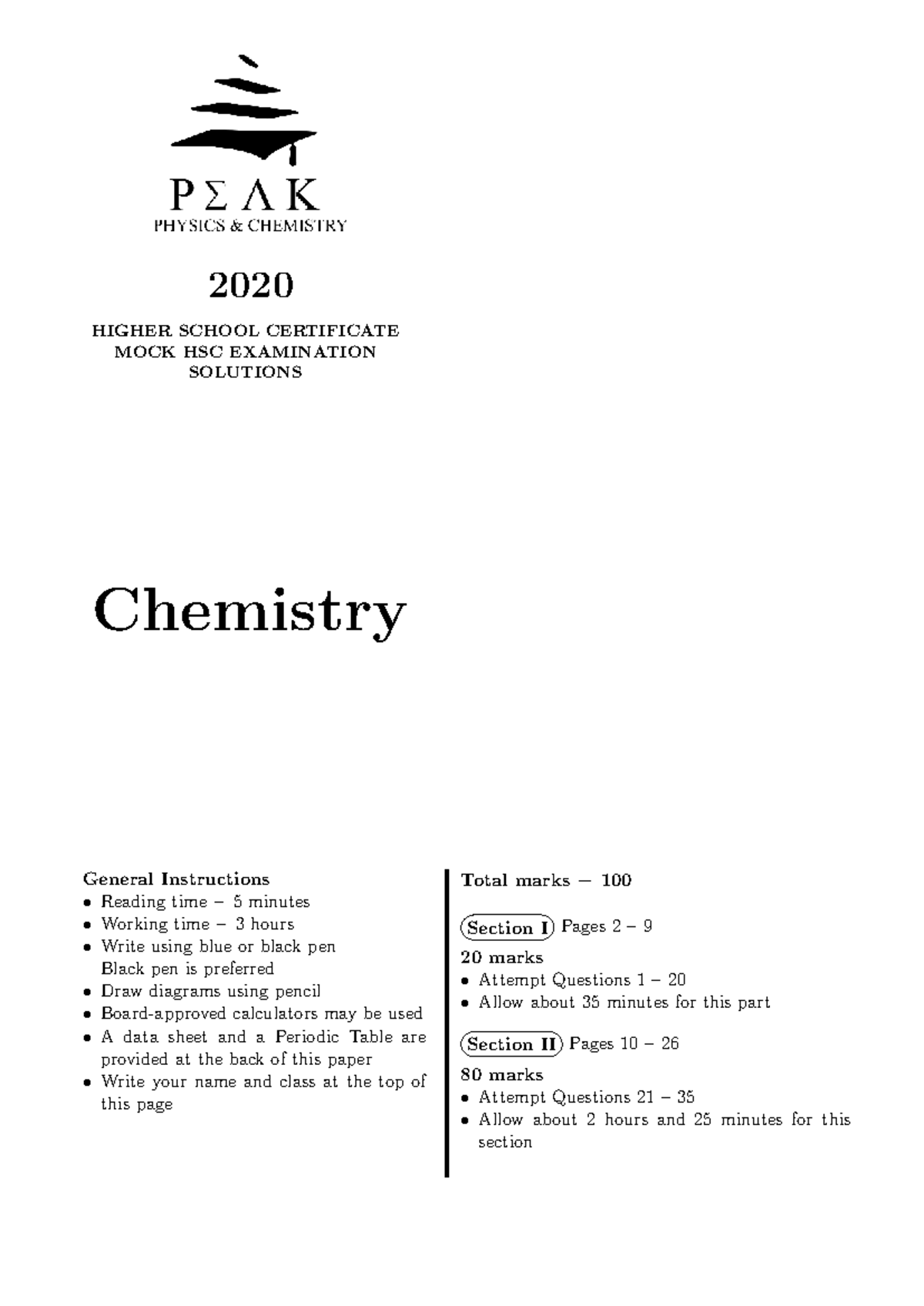 2020 HSC Chemistry Mock Exam Solutions (PEAK HSC) - Studocu
