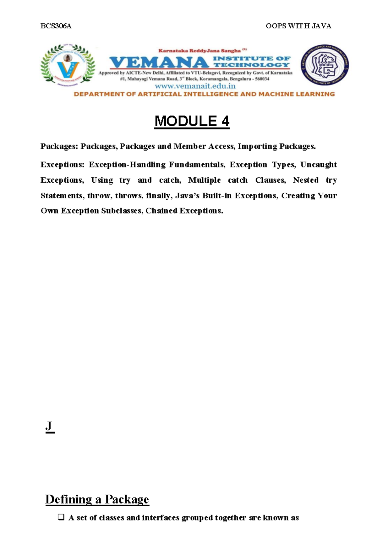 BCS306A OOPS WITH JAVA Module 4: Packages and Exception Handling Notes ...