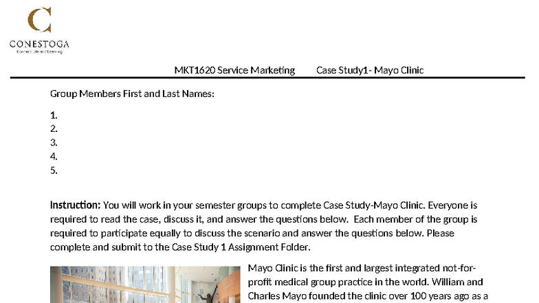MKT1620 Case Study 1: Service Marketing Analysis of Mayo Clinic - Studocu