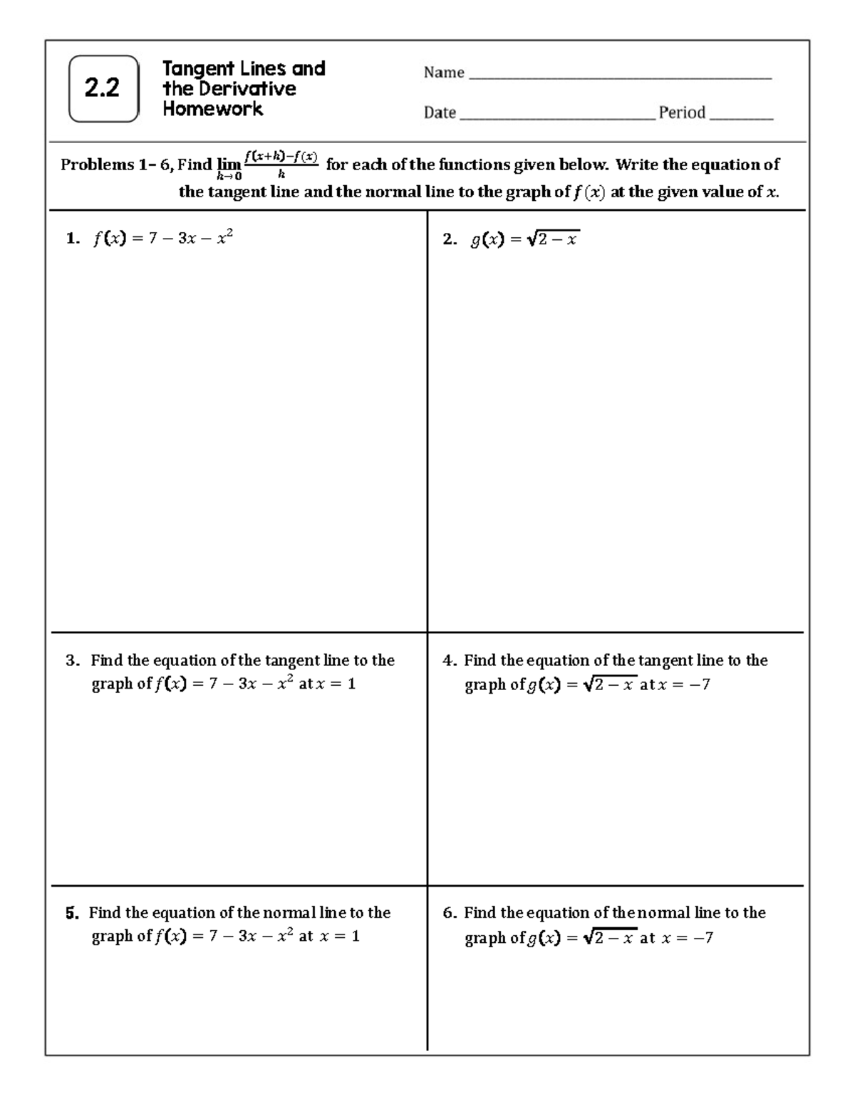 AP Calc 2.2 Homework: Tangent Lines and Derivatives Problems - Studocu