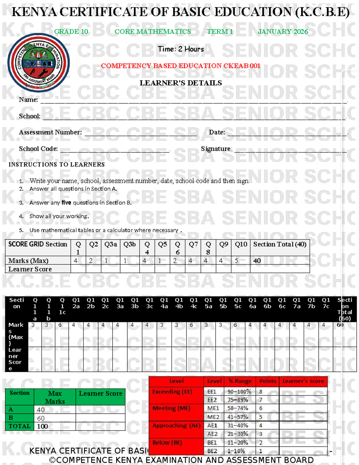 2026 K.C.B.E Grade 10 CORE Mathematics Term 1 Exam Paper - Studocu
