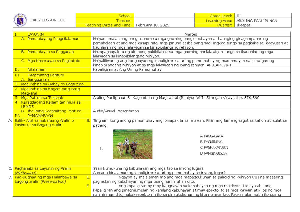 ARALPAN Q4 W1-D2 Lesson Plan: Understanding Livelihoods in Region VIII ...