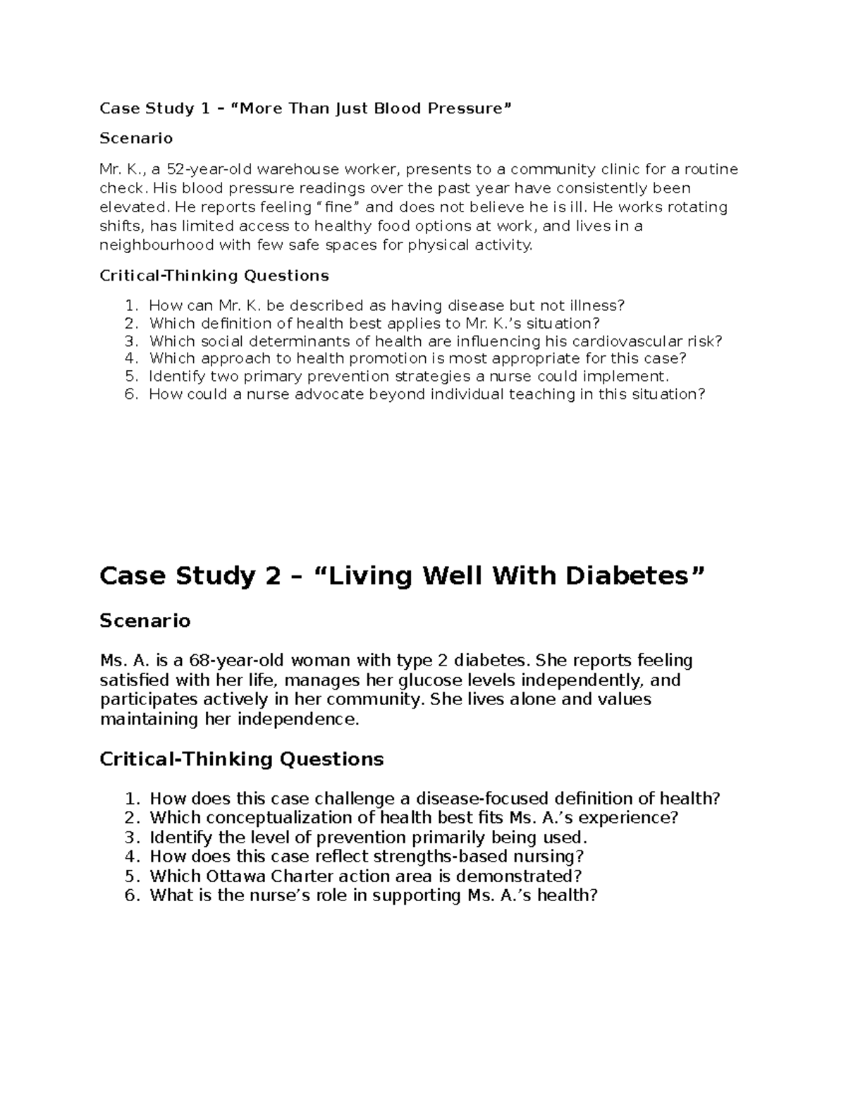 Case Studies in Health Promotion (HLT 3): Understanding Disease vs ...