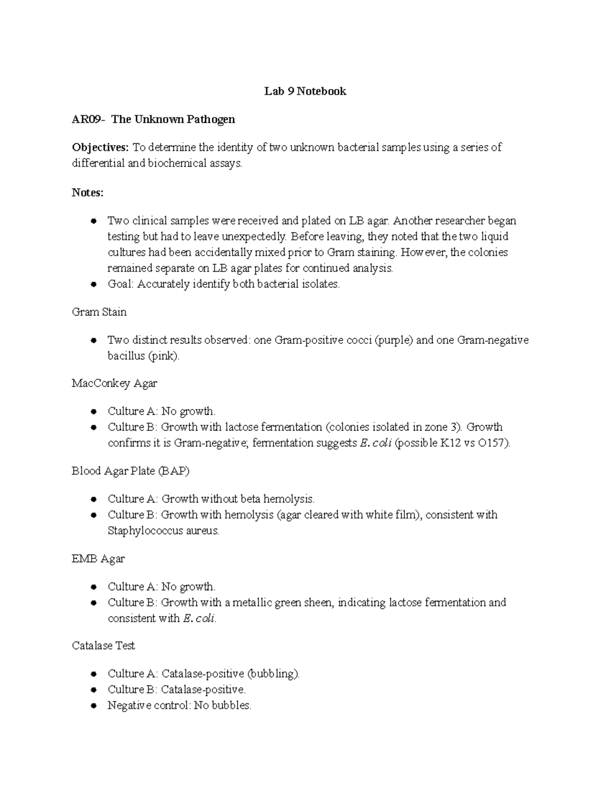 BIOD 171 Lab 9 - Identifying Unknown Bacterial Pathogens - Studocu