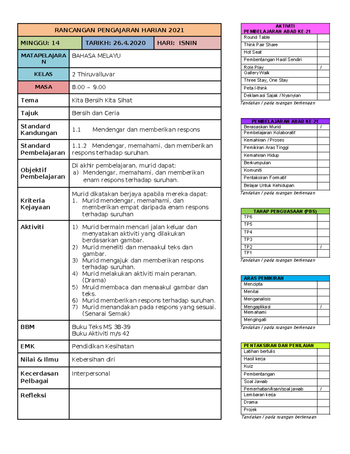 RPH T2 BM2 - Daily Lesson Plan for Bahasa Melayu Class - Studocu
