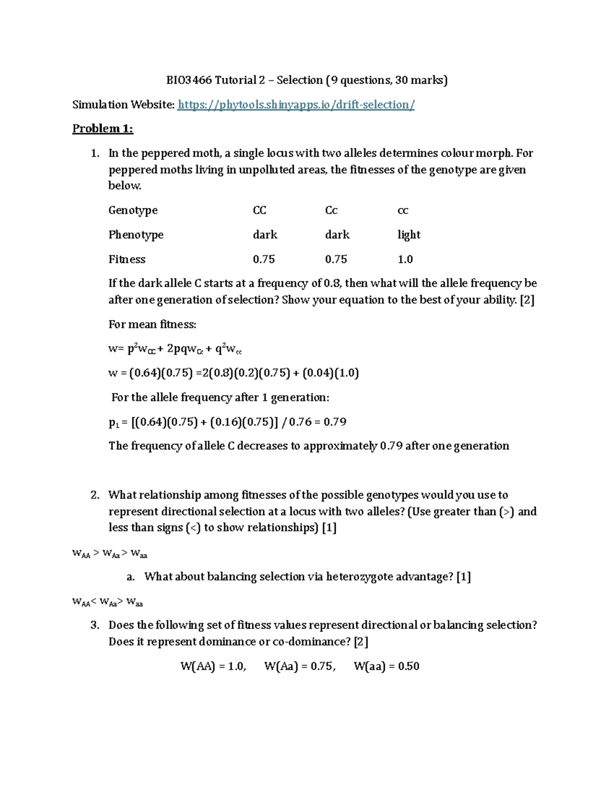 BIO3466 Tutorial 2 - Selection Analysis and Simulations - Studocu