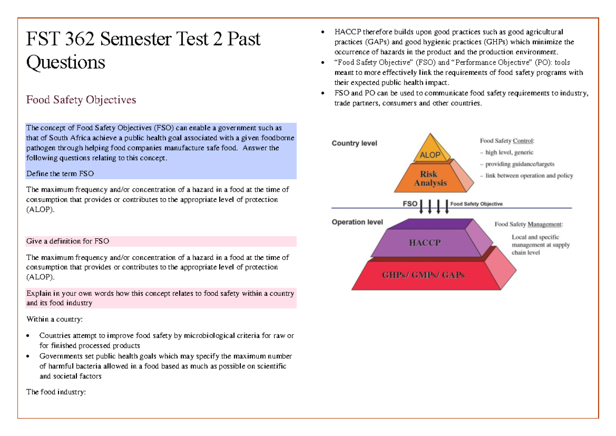FST 362 Semester Test 2: Past Questions on Food Safety Objectives - Studocu