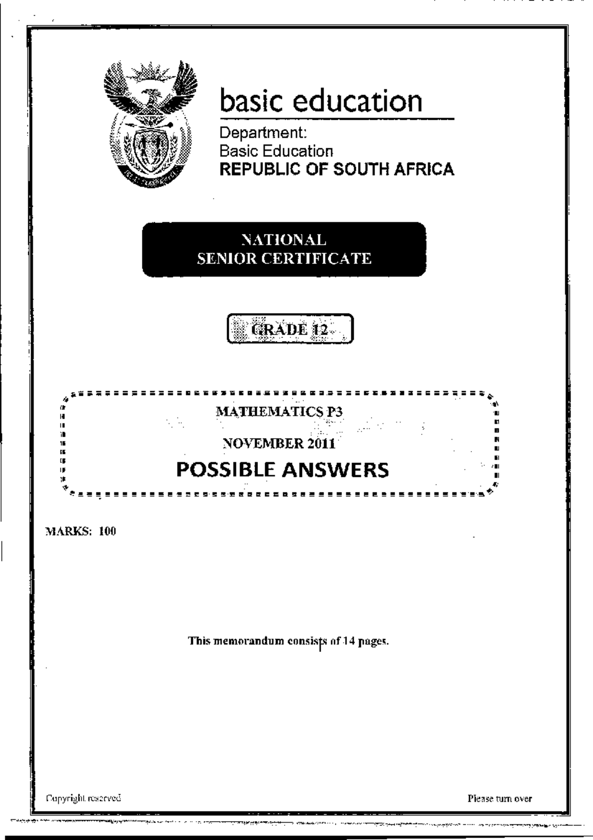 Mathematics P3 Grade 12 NSC November 2011 Memorandum Answers - Studocu