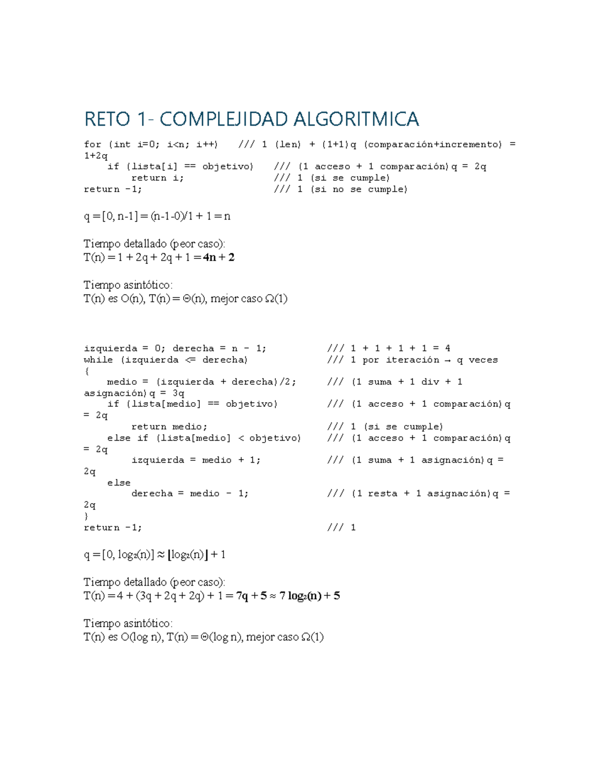 RETO 1: Complejidad Algorítmica y Análisis de Tiempos - Studocu