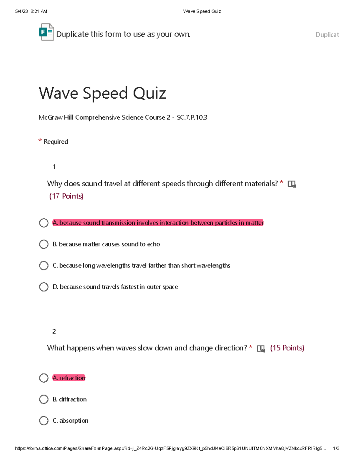 Wave Speed Quiz-5 - quiz work - 5/4/23, 8:21 AM Wave Speed Quiz - Studocu