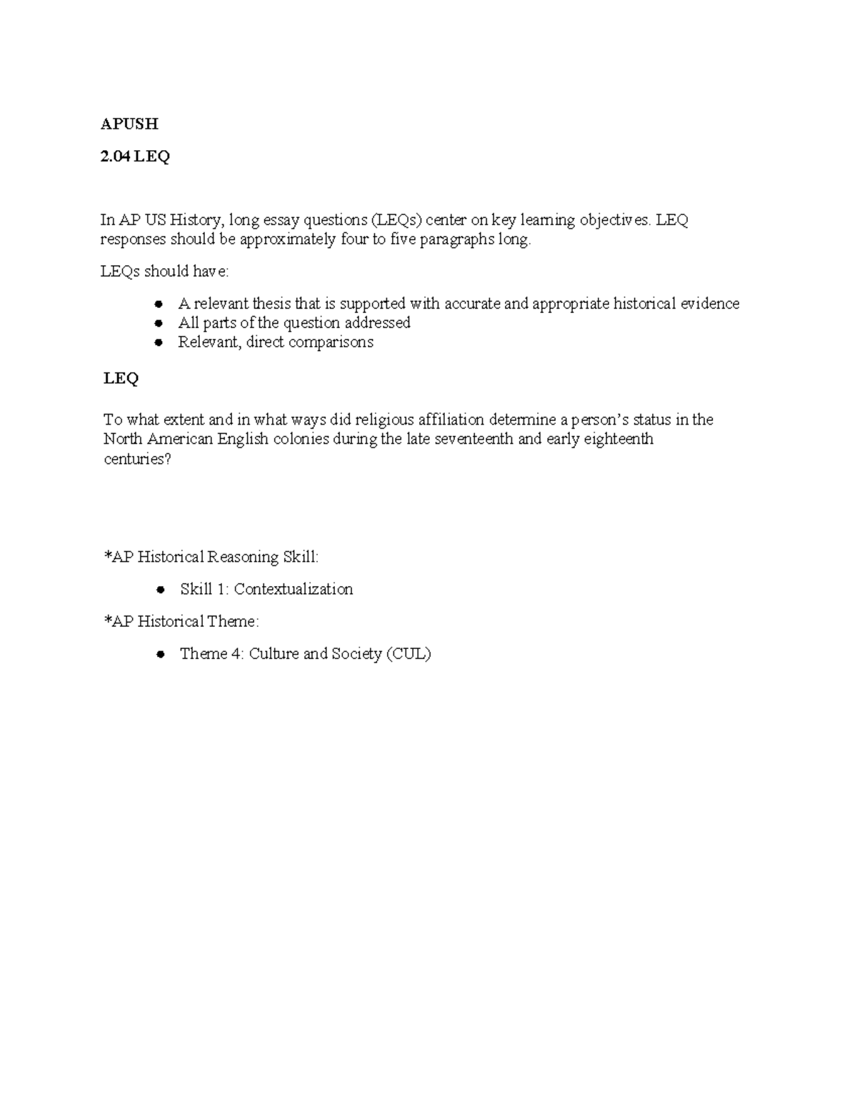 2.04 LEQ - Extended response question - APUSH 2 LEQ In AP US History ...