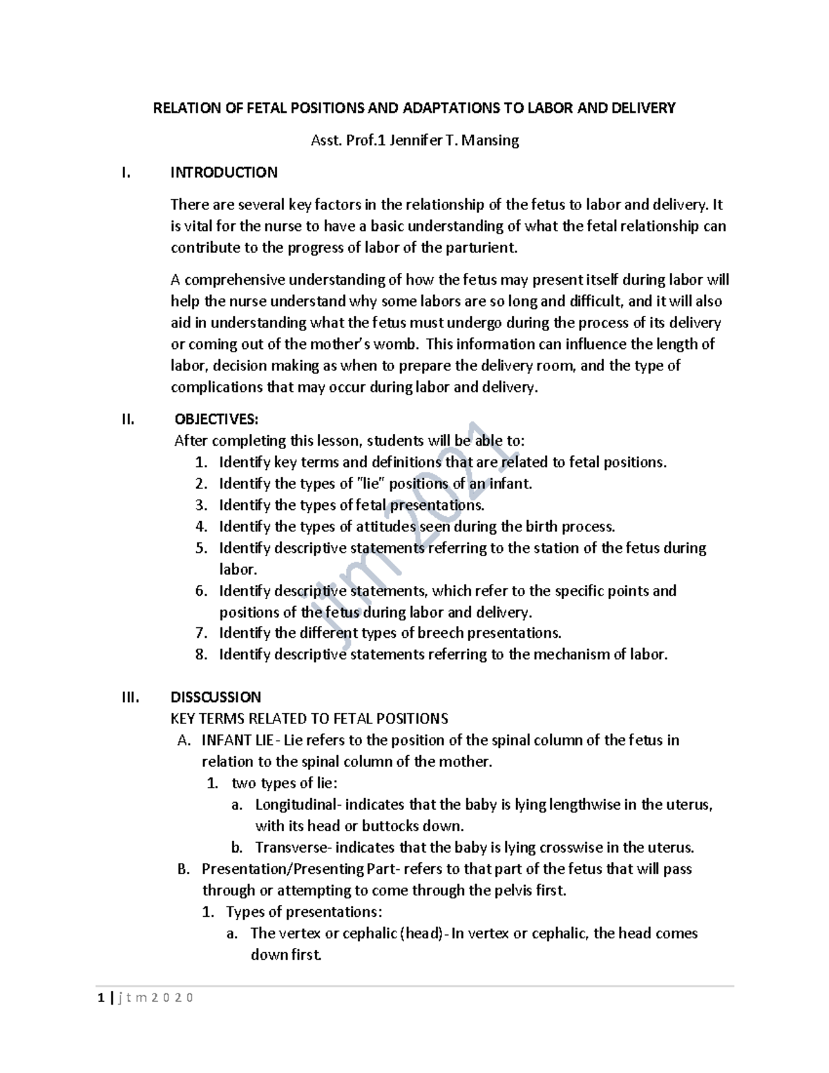 Relation of Fetal Positions and Labor Adaptations: An Overview - Studocu