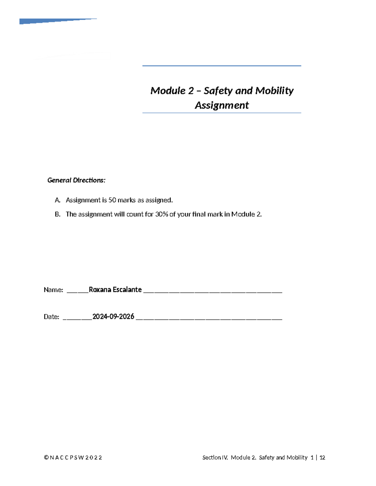 Assigmt- Module 2 Safety Mobility Edited - Module 2 – Safety and ...