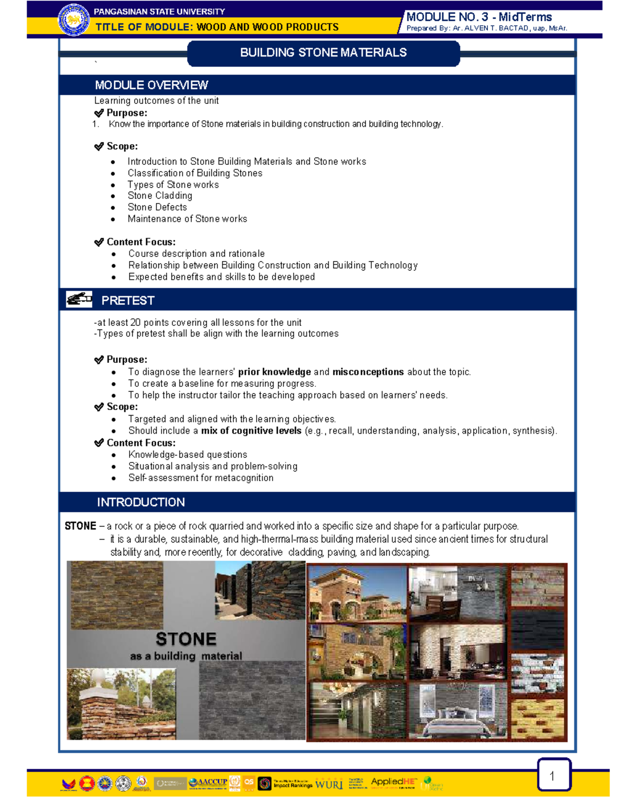 BT1 Midterms: Wood and Stone Materials Overview Module 3 - Studocu