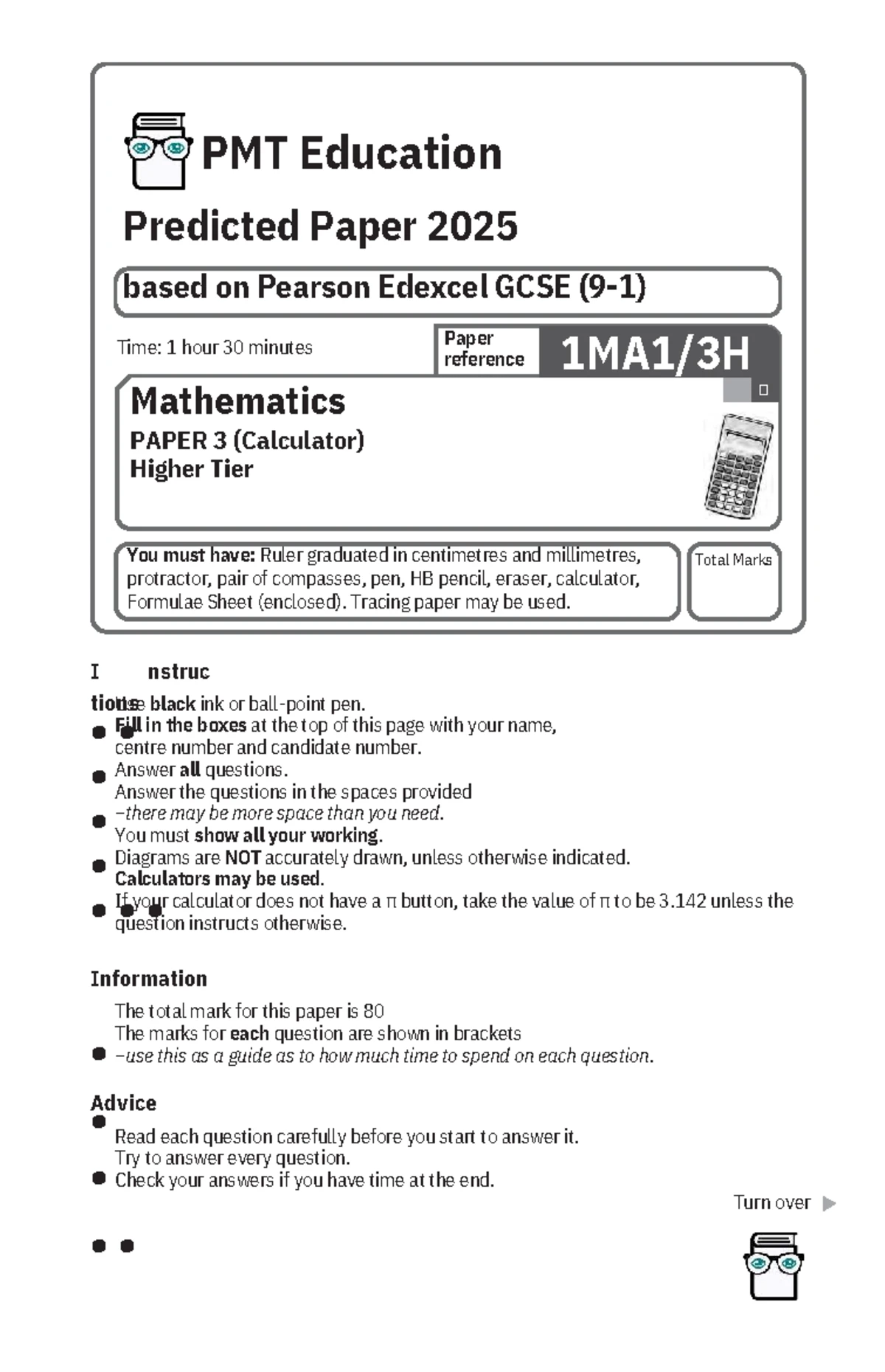 PMT GCSE Maths Practice Paper 2025 - Higher Tier (PAPER 1) - Studocu