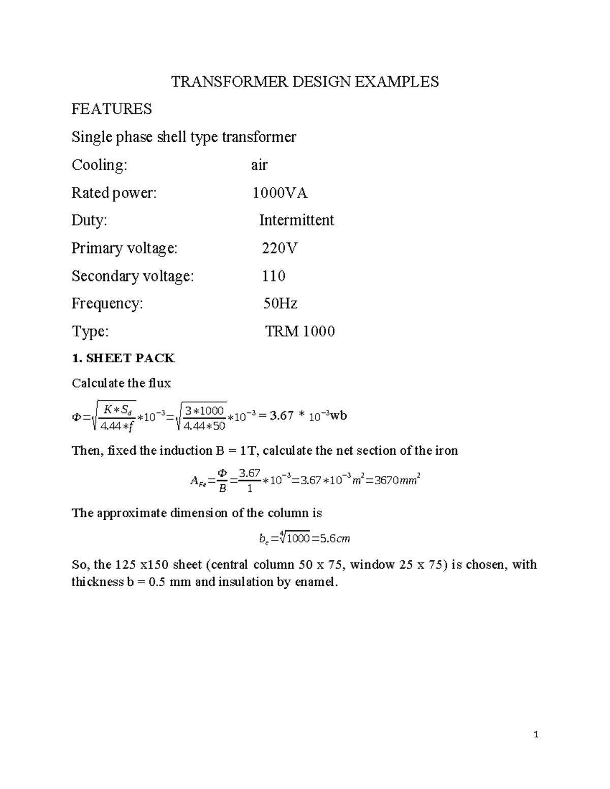 Transformer Design Examples: Single Phase Shell 1000VA - Studocu