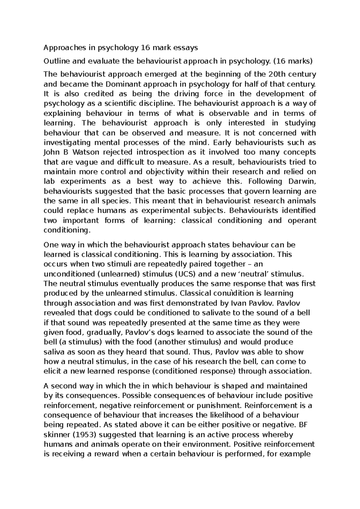 Behaviourist Approach: Outline & Evaluation Essay (16 Marks) - Studocu